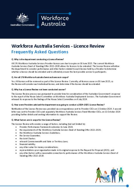 Workforce Australia Services – Licence Review: Frequently Asked Questions - Department of ...